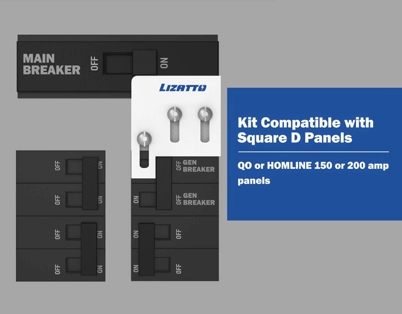 Generator Interlock Kit Compatible with Square D QO or Homeline 150 or 200 amp Panels. 1 3/8 inches Spacing Between Main and Generator Breaker