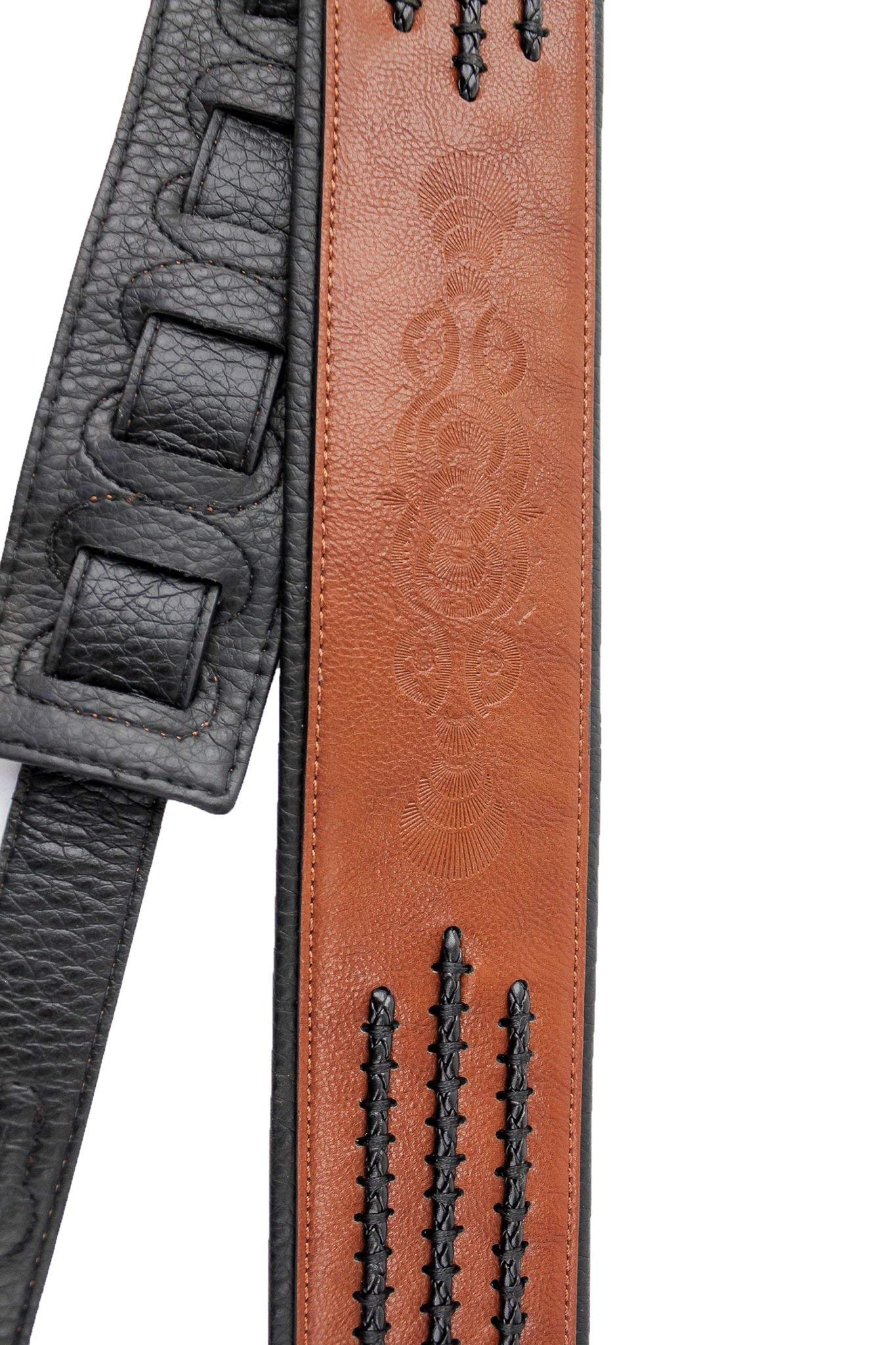 Walker & Williams G-556 London Tan Tooled Leather Strap with Leather Lacing For Acoustic, Electric, And Bass Guitars