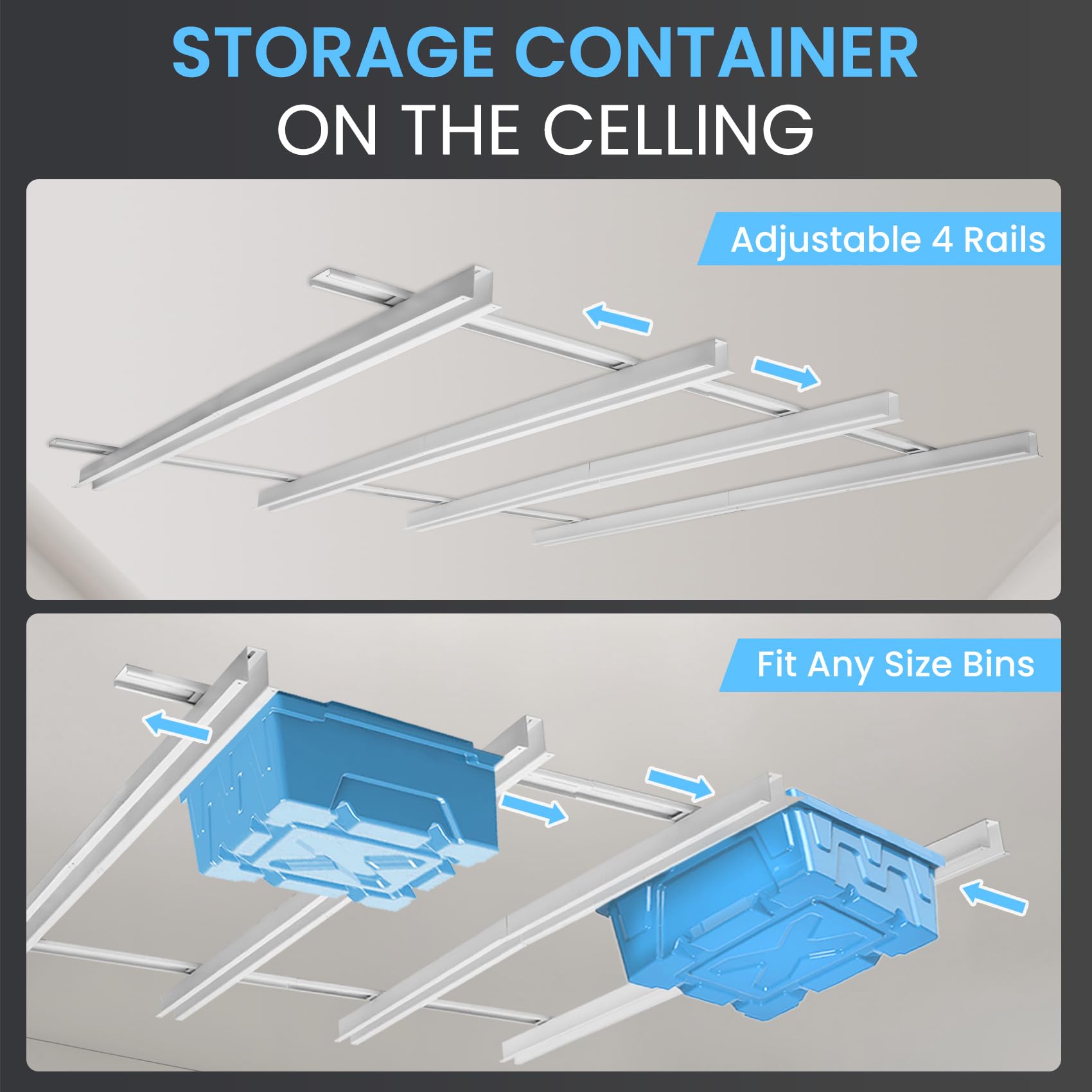 Mokemok Overhead Garage Storage Rack 0.1-inch Thickened Heavy Alloy Steel Garage Bin Storage System with Adjustable Rails-71" x 71" x 3.5",Ceiling Storage Rack Organizes Up to 12 Tote Bins(Pro)