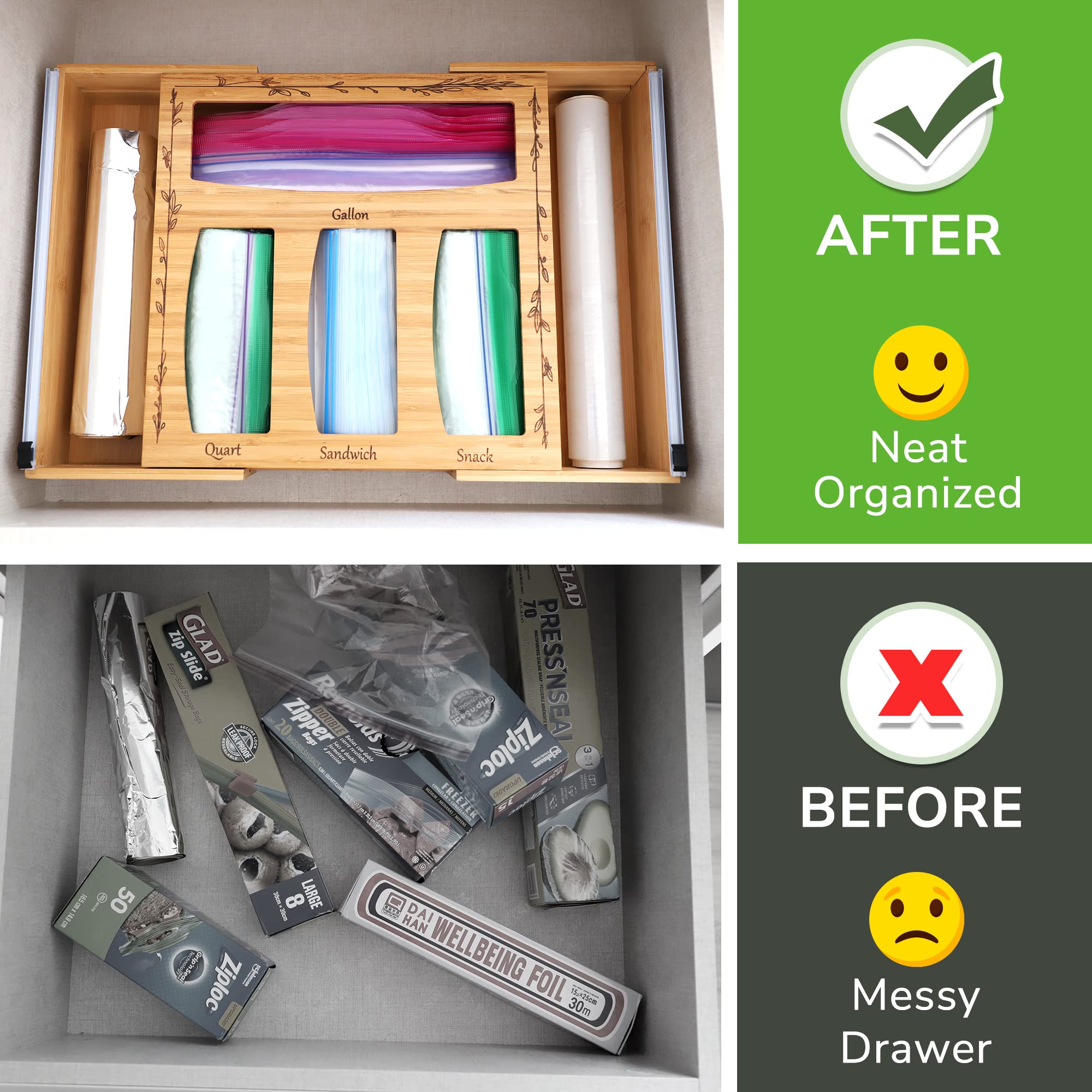 EVERLIVING Bamboo Ziplock Bag Organizer for Drawer & Countertop β Convenient 6-Slot Plastic Bag Organizer β Aluminum Foil Organization and Storage with Cutter β Ziplock Bag Storage Organizer