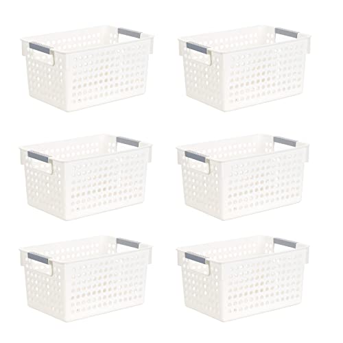 Whale Pocket 6 PCS Plastic Storage Basket, Slim White Organizer Tote Bin Shelf Baskets for Closet Organization, De-Clutter, Toys, Cleaning Products, Accessories 12.2x 8.6x 7in