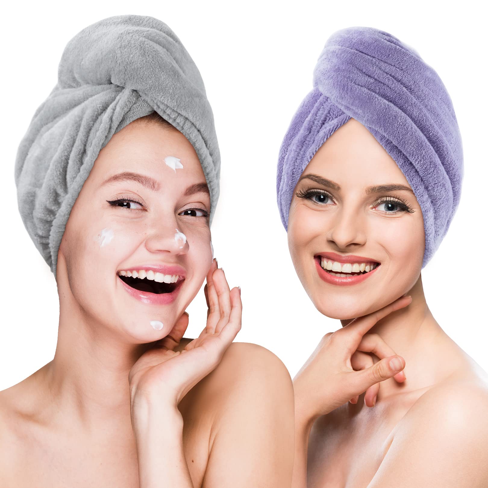 Poyday Microfiber Hair Towel Drying Wrap: 2Pack Head Dry Towel Twist Drying Turban Anti Frizz Long Quick Rapid Absorbent Women Wet Plopping Curly Hair Towel Twisty for Girls Kids Button(Gray/Purple)