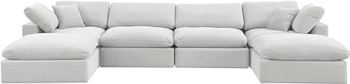 Meridian Furniture 189Cream-Sec6B Comfy Collection Modern | Contemporary Upholstered Modular Sectional, Soft Cream Velvet, Down Feather Cushions, 158" W x 79" D x 34.5" H, Cream
