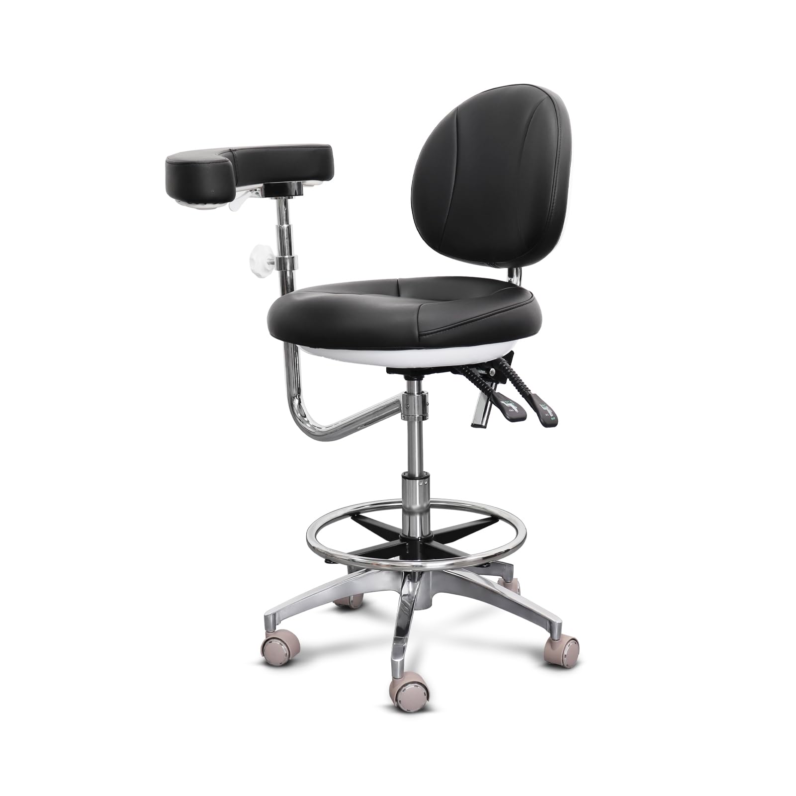 LIMKOMES Dental Assistant Chair Microfiber with Rotatable Armrest Rolling Medical Chair Ergonomic Swivel Seating Back Support Dentist Stool for Clinics, Dental Offices, Labs-Black, Standard