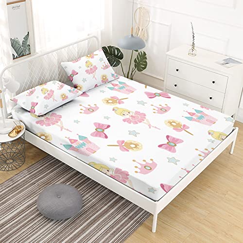 Jeyfull Pink Princess Fitted Sheet Set for Kids Girls Teens Donut Dancing Castle Crown Bed Sheet Queen Size 3D Print Dreaming Style Sheet Set 3 Piece