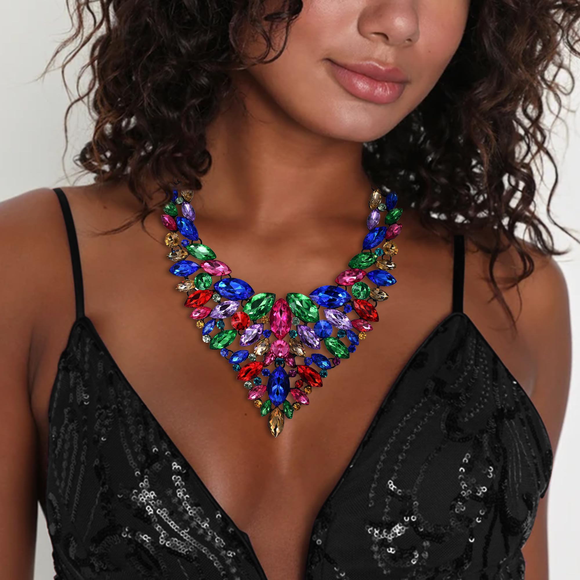 Flyonce Rhinestone Chunky Collar Necklace, Multicolor Crystal Costume Statement Jewelry for Women