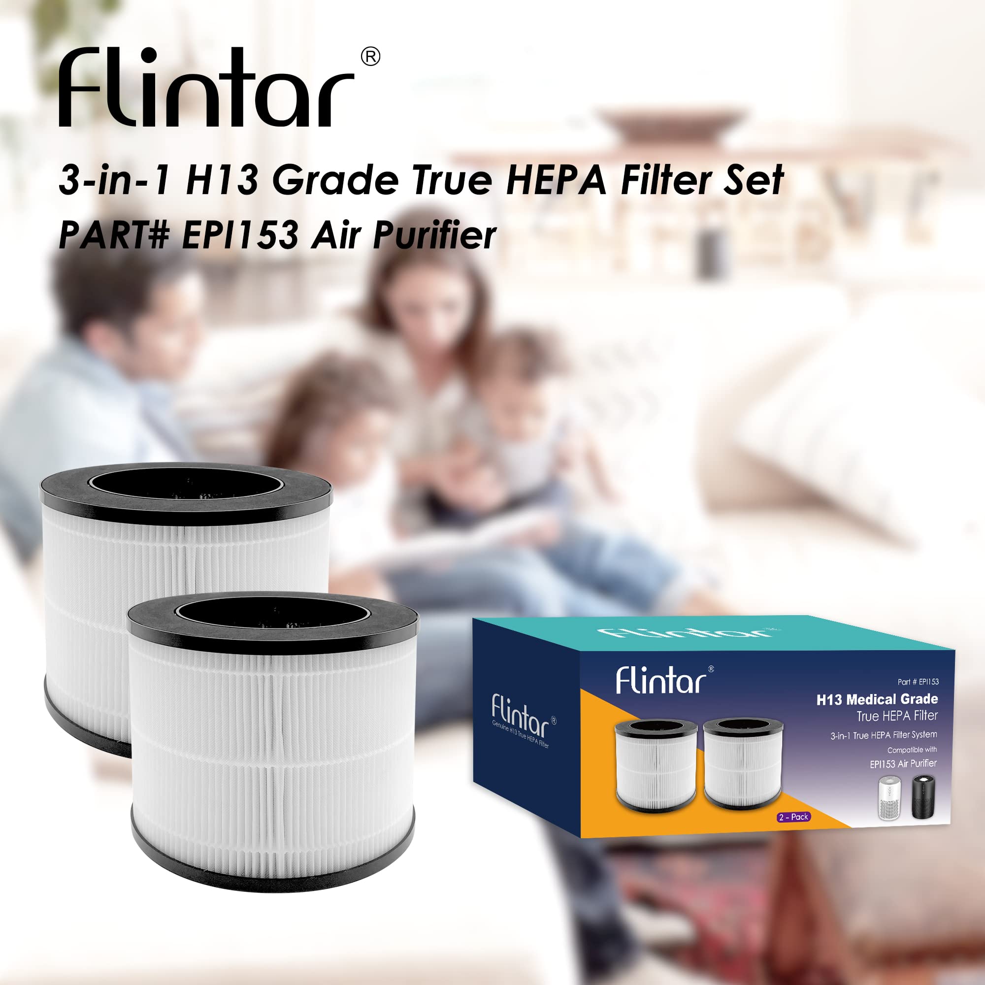 Flintar EPI153 Replacement Filter, Compatible with MOOKA and KOIOS EPI153 EP1153 Air Purifier EPI-153, 3-in-1 H13 Grade True HEPA and Activated Carbon Filter, 2-Pack