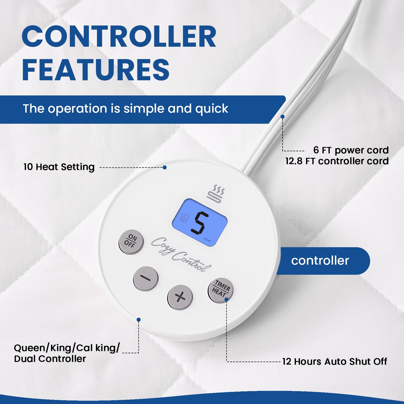 Heated Mattress Pad Queen Size Quilted Zone Heating Electric Bed Warmer Luxury Comfort Heat Mattress Pad Cover Dual Controller(10 Heat Setting | 1-12 Hours Auto Shut Off | with 8-21 Inch Deep Pocket)