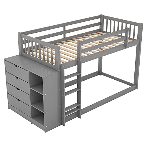 P PURLOVE Twin Over Twin Bunk Bed with Attached Cabinet and Shelves Storage, Wooden Bunk Bed Frame with Ladder and Guardrail, for Teens Girls Boys, Gray