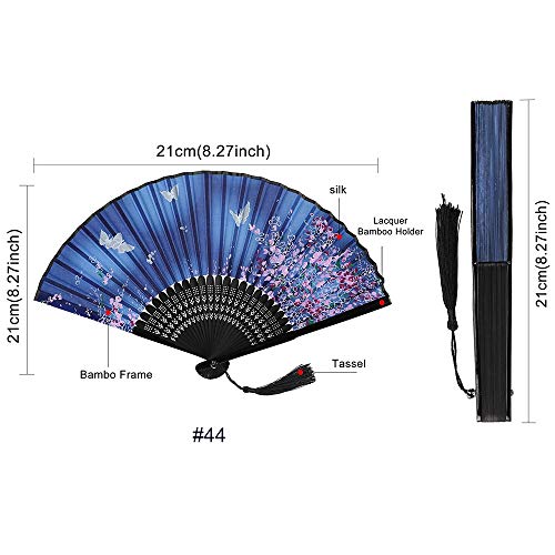 Floral Folding Hand Fans Chinese Style Bamboo Folding Fan Vintage Pattern Hand Fan Handheld Fabric Folding Fan with Tassel for Women Wedding Party(52)
