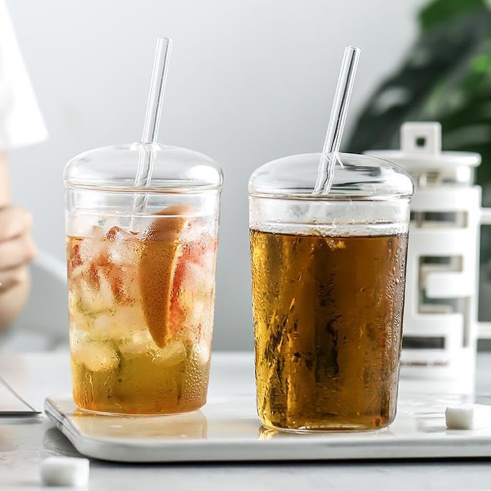 DOITOOL Glass Cups with Lid and Straw- Clear Aesthetic Cups Boba Cup- Glass Water Bottles Reusable Tumbler with Lid and Straw for Bubble Tea Juice Iced Coffee