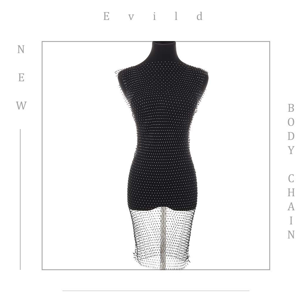 Evild Mesh Rhinestone Body Chain Black Glitter Elastic Belly Skirt Sparkly Party Waist Chain Statement Belly Chain for Women (Black)