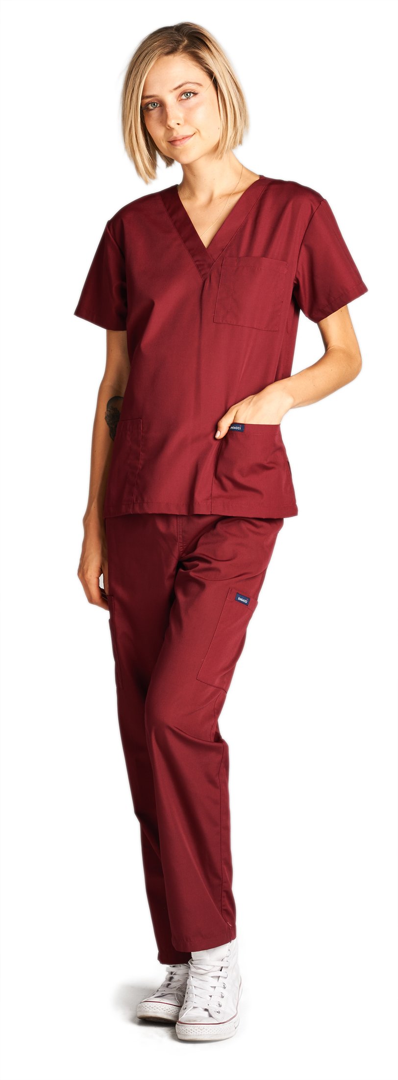 Dagacci Medical Uniform Woman and Man Scrub Set Unisex Medical Scrub Top and Pant, Burgundy, L