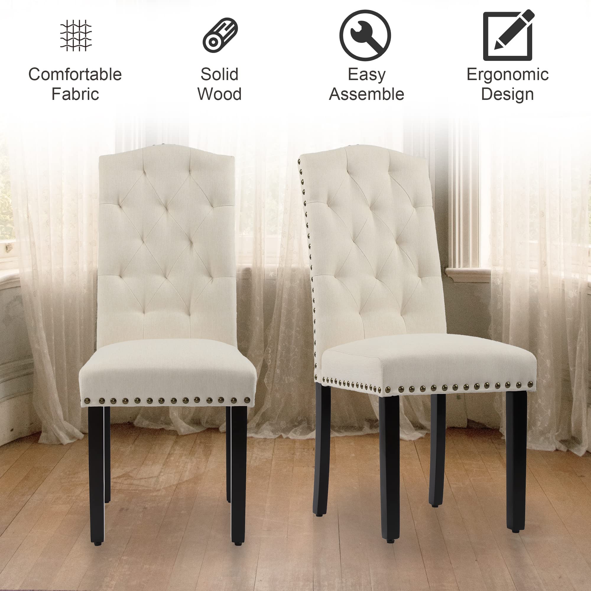 DAGONHIL Dining Chair Set of 2 Upholstered Dining Room chairs,Armless Kitchen Chair with Black Solid Wood Legs for Home Kitchen Living Room(Beige)