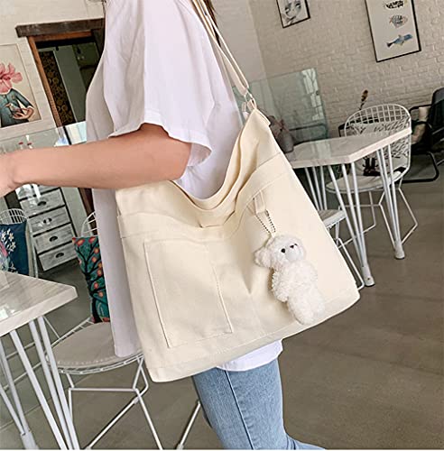 Kehpish Economical Cotton Tote Bag, Reusable Womens Canvas Tote Bag with 3 External Pocket, Top Zipper Closure White