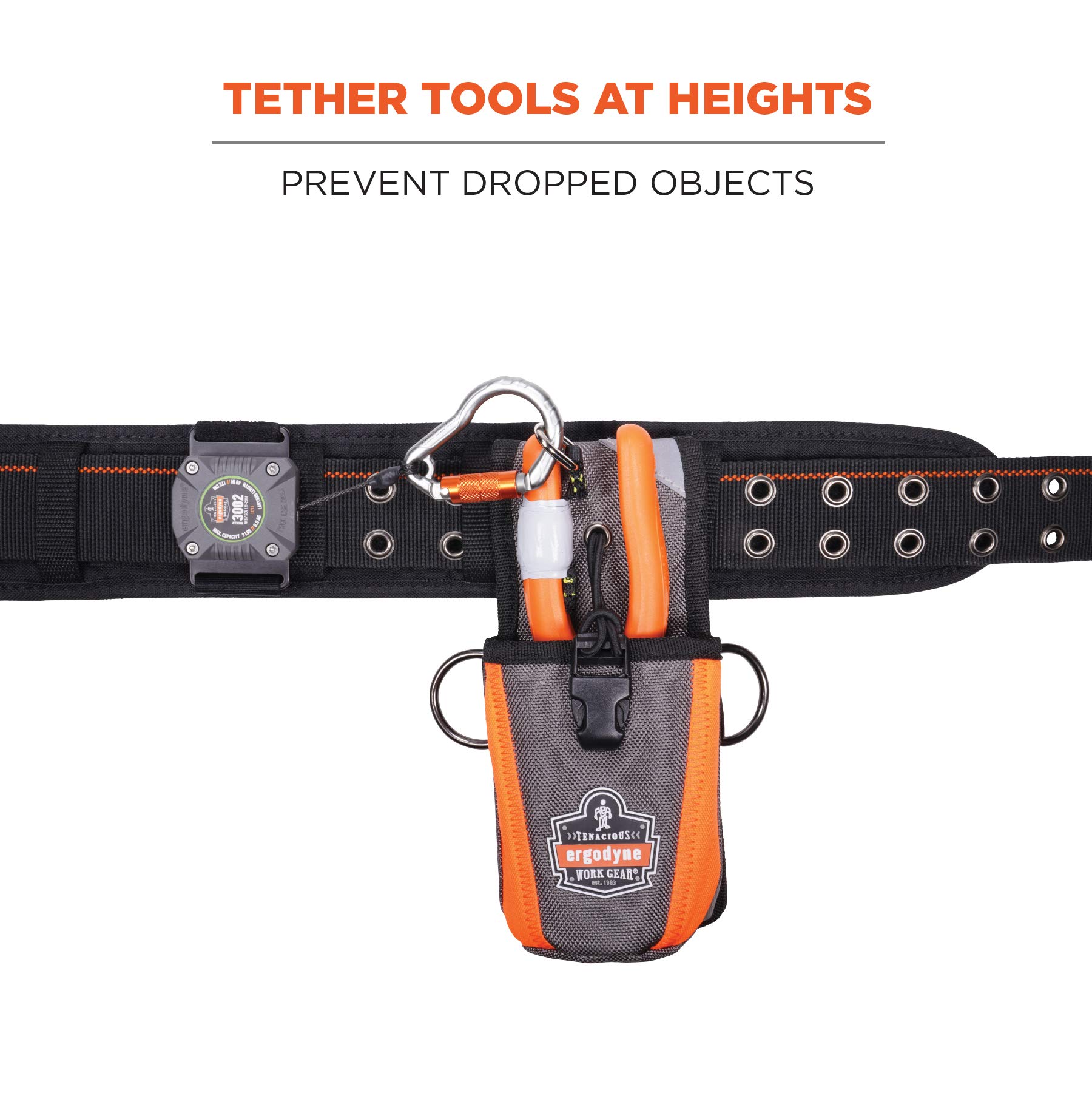 Ergodyne Squids 3002 Retractable Tool Lanyard with Locking Carabiner, Straps to Attach to Belt or Harness, Gray, Standard