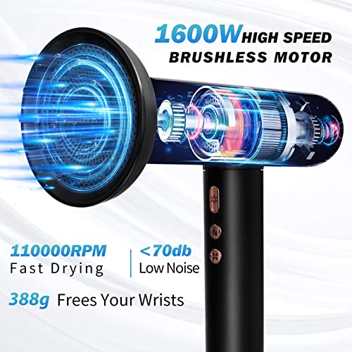 Nicebay Ionic Hair Dryer, Professional Blow Dryer with 3 Attachments, 110000RPM High-Speed Brushless Motor for Fast Drying, Lightweight, Low Noise, 1600W Hairdryer with Diffuser