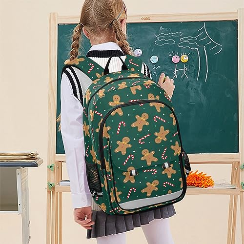JHKKU Gingerbread Man Candy Cane School Backpack for Boys Girls Portable Wide Shoulder Strap Elementary School Bag Lightweight Travel Daypack with Reflective Strip