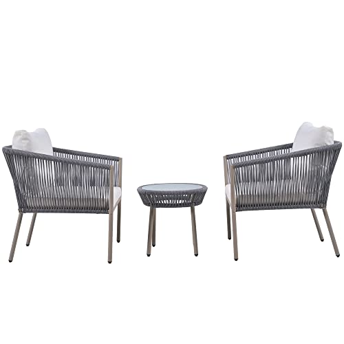 KELRIA Woven Rope Conversation Set, Rattan Couch Sofa Including 2 Single Chairs and Coffee Table, Suitable for Indoor, Outdoor, Balcony, Courtyard, Poolside, Lawn, Backyard, Gray, Gary
