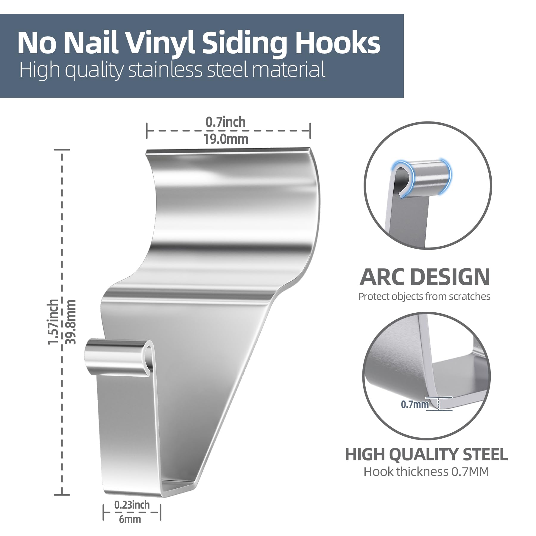 Heavy-Duty Stainless Steel Siding Hooks,20 Pack Vinyl Siding Hooks Hanger,No Hole Siding Hanging Hanger for Hanging on Patio,Vinyl Siding Clips Applicable to Outdoor or Holiday Decoration
