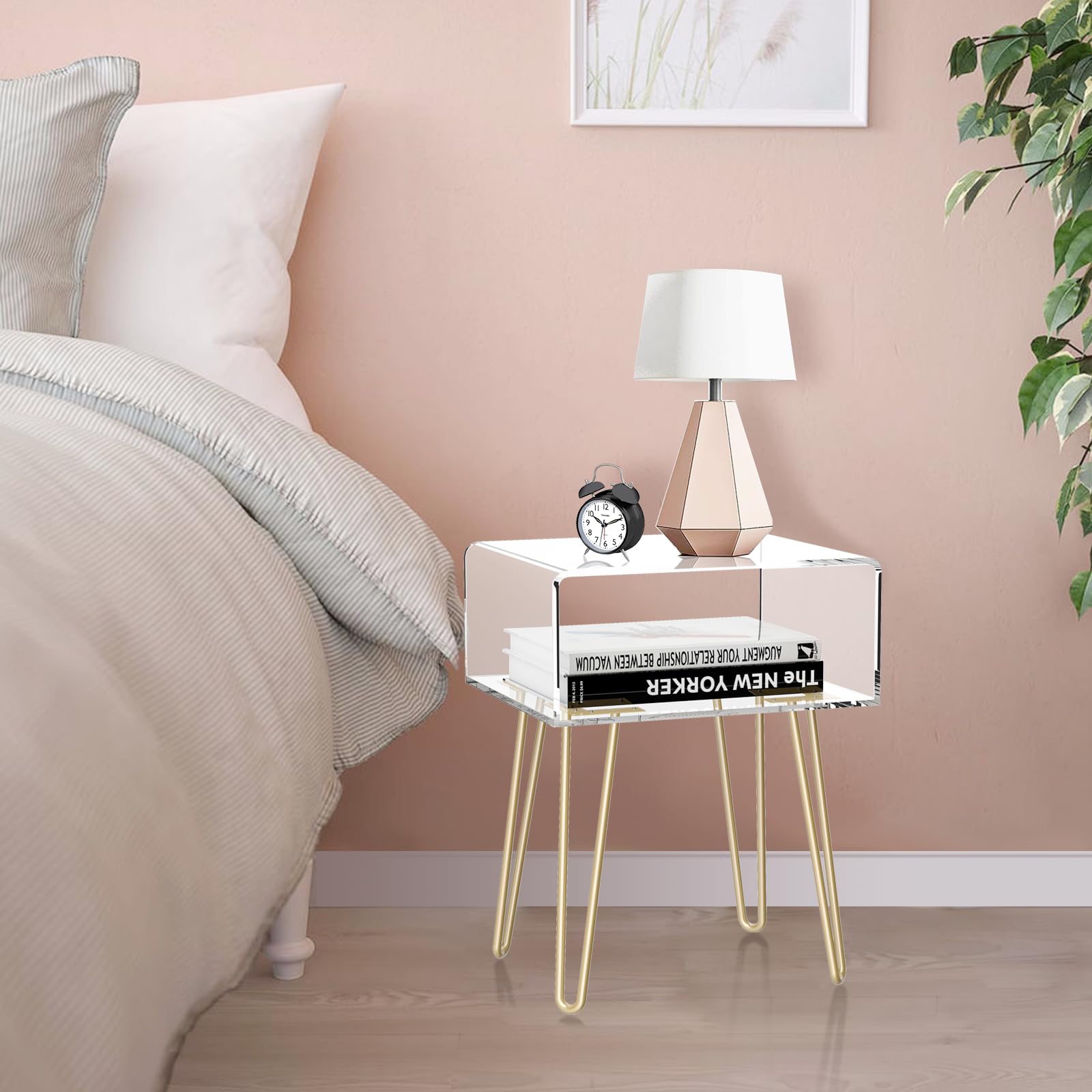 KSacry Small Acrylic Nightstand with Metal Legs-23.4‘ H Bedside Table for Small Spaces for Bedroom, Easy Assembly, Modern, Clear & Gold(17.5'' L x 14.9'' W x 23.4'' H)