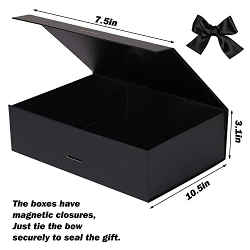Moretoes 2 PCS Black Gift Boxes with Lids for Presents, Gift Boxes with Ribbon and Magnetic Closure for Christmas, Mother's Day, Holidays, Father's Day, Birthdays(10.5x7.5x3.1 Inches)