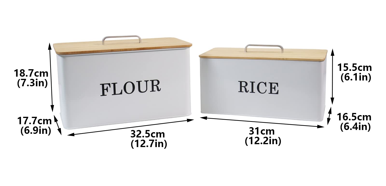 Gdfjiy Kitchen Canisters Set of 2, Metal Rice Storage Bin Flour Tin, Rustic Farmhouse Canister Jars, Food Storage Container for Rice Flour Soybean Grain Cereal-White