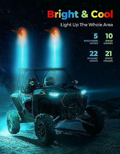 KEMIMOTO 5FT 2PCS LED Whip Lights with Spring Bases for UTV ATV, 22 Modes 21 Colors 5 Brightness 10 Speed IP67 Waterproof Wireless Control, compatible with Can Am Maverick X3 Polaris RZR Kawasaki SxS