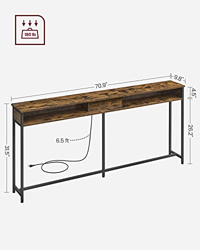 VASAGLE 70 Inch Console Table with Outlet and Shelves, Sofa Table with Hidden Charging Station, Behind Couch Table Skinny, Long Entryway Table for Hallway, Living Room, Rustic Brown and Black