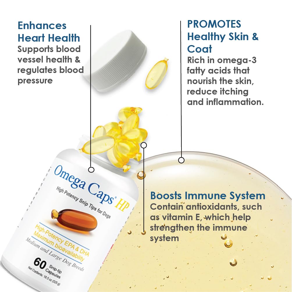 Omega-Caps High Potency Snip Tips for Medium to Large Breeds-Vet Formulated for Healthy Radiant Skin & Coat. Contains Omega 3 for Joint & Immune System Support, Easy to Dose, 60 Snip-tip Capsules