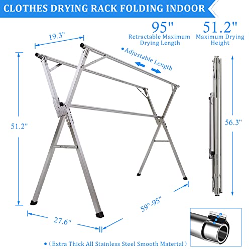 HJWTCQL 95IN Extra Large Clothes Drying Rack Folding Indoor,Drying Rack Clothing, Laundry Hanger Drying Racks,Stainless Steel Clothes Drying Racks Folding Indoor,Foldable Laundry Clothing Drying Rack