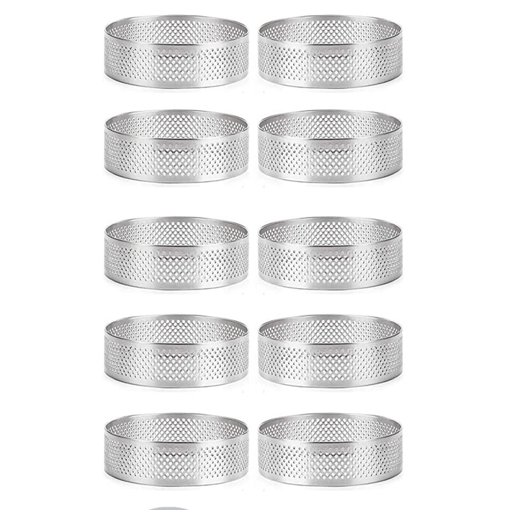 Exogio 10Pcs Circular Tart Ring 8 cm, Stainless Steel Porous Tart Bottom Ring, Heat-Resistant Perforated Pie Cake Mousse Mould Baking for Kitchen, Dessert Making