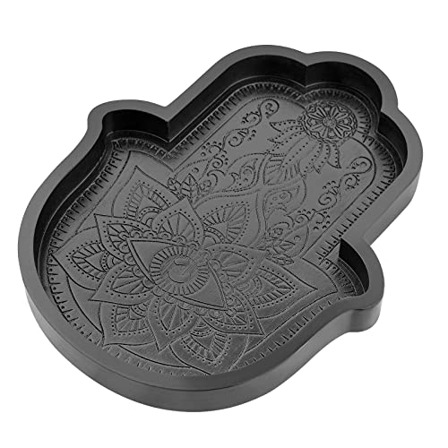 Mooncraftlogy Hamsa Crystal Tray, Wood Evil Eye Crystal Holder for Stones Display, Exquisite Engraving Crystal Organizer for Rocks, Keys, Jewelry, Essential Oil Storage, Black Meditation Zen Tray