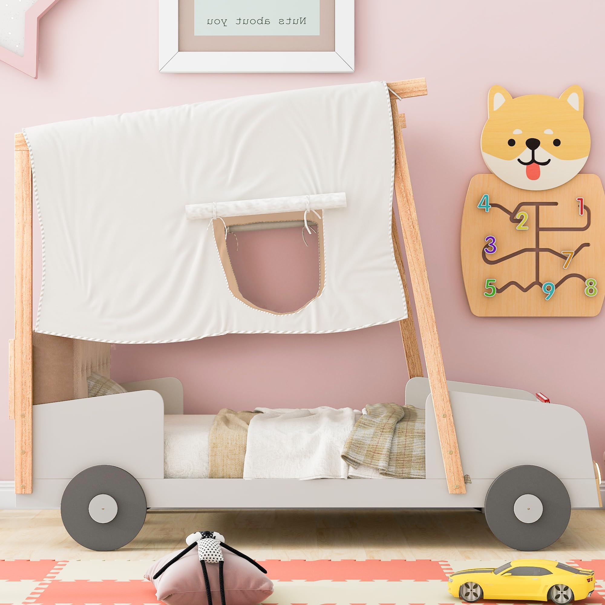 KTATK Twin Size Car Pillow,Ceiling Cloth and LED Light, Wood Platform Beds w/Canopy Frame, No Box Spring Needed,for Kid Adult Boy Girl,Natural