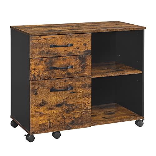 VASAGLE L-Shaped Computer Desk, Industrial Workstation, Space-Saving, Easy Assembly, 55.1”Dx51.2”W, Rustic Brown & Lateral File Cabinet, Home Office Printer Stand, Rustic Brown + Black