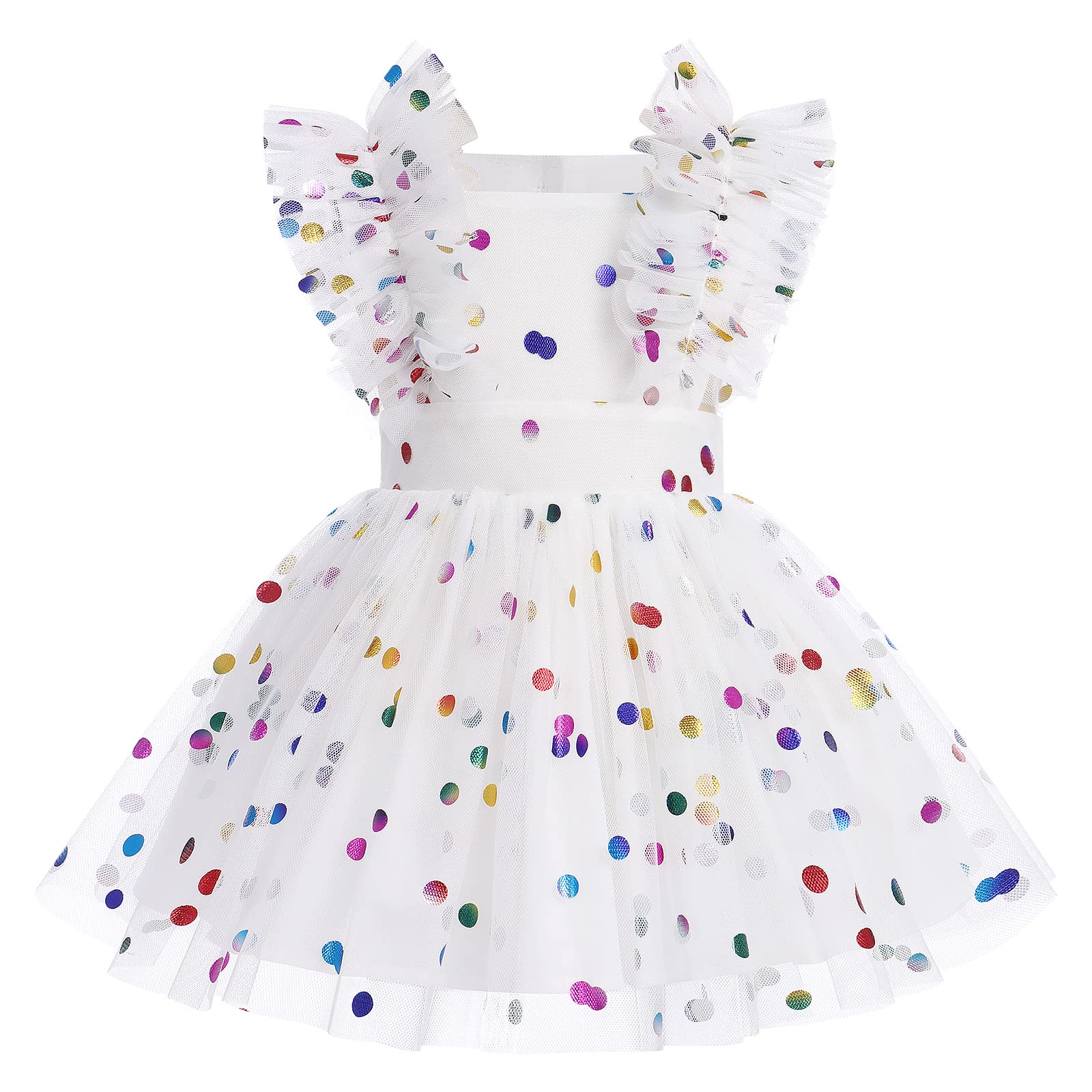 Flower Girls Sequin Colorful Polka Dot Tutu Dress for Infant Baby Baptism Christening Gown Toddler Little Princess Pageant Wedding Birthday Party Tulle Romper Dresses White + Rainbow Dots 12-18 Months