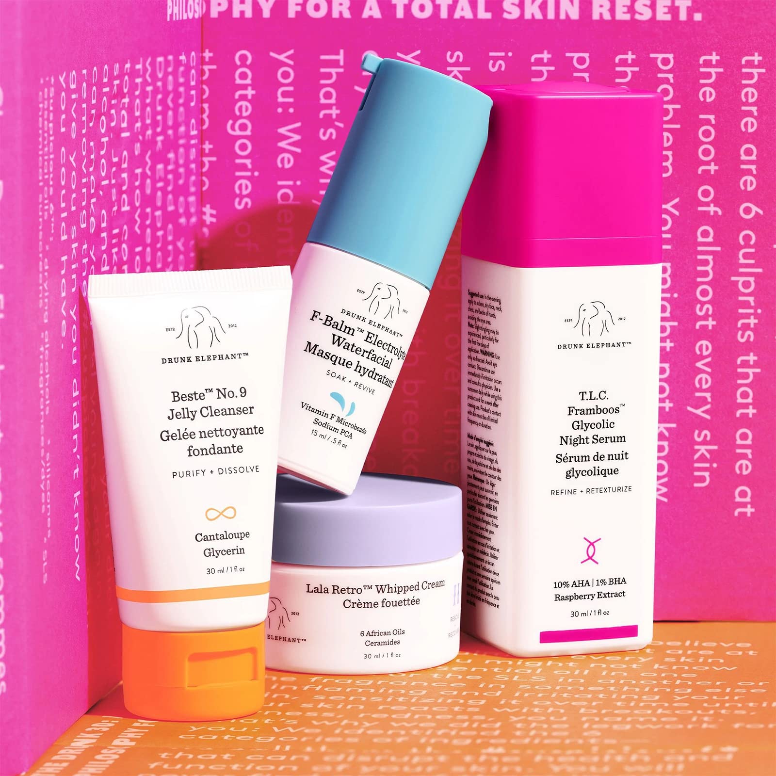 Drunk Elephant Drunk Break: A Night to Remember Night Kit - T.L.C. Framboos Glycolic Night Serum, Lala Retro Whipped Cream, Beste No. 9 Jelly Cleanser, F-Balm Electrolyte Waterfacial