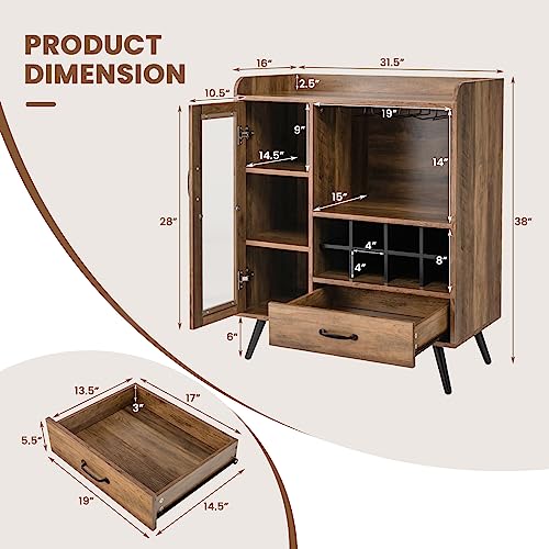 LOKO Wine Bar Cabinet, Farmhouse Coffee Bar Cabinet with Tempered Glass Door, 3-Row Glass Holder & 8-Grid Wine Rack, Buffet Sideboard with Wine Display, Rustic Brown