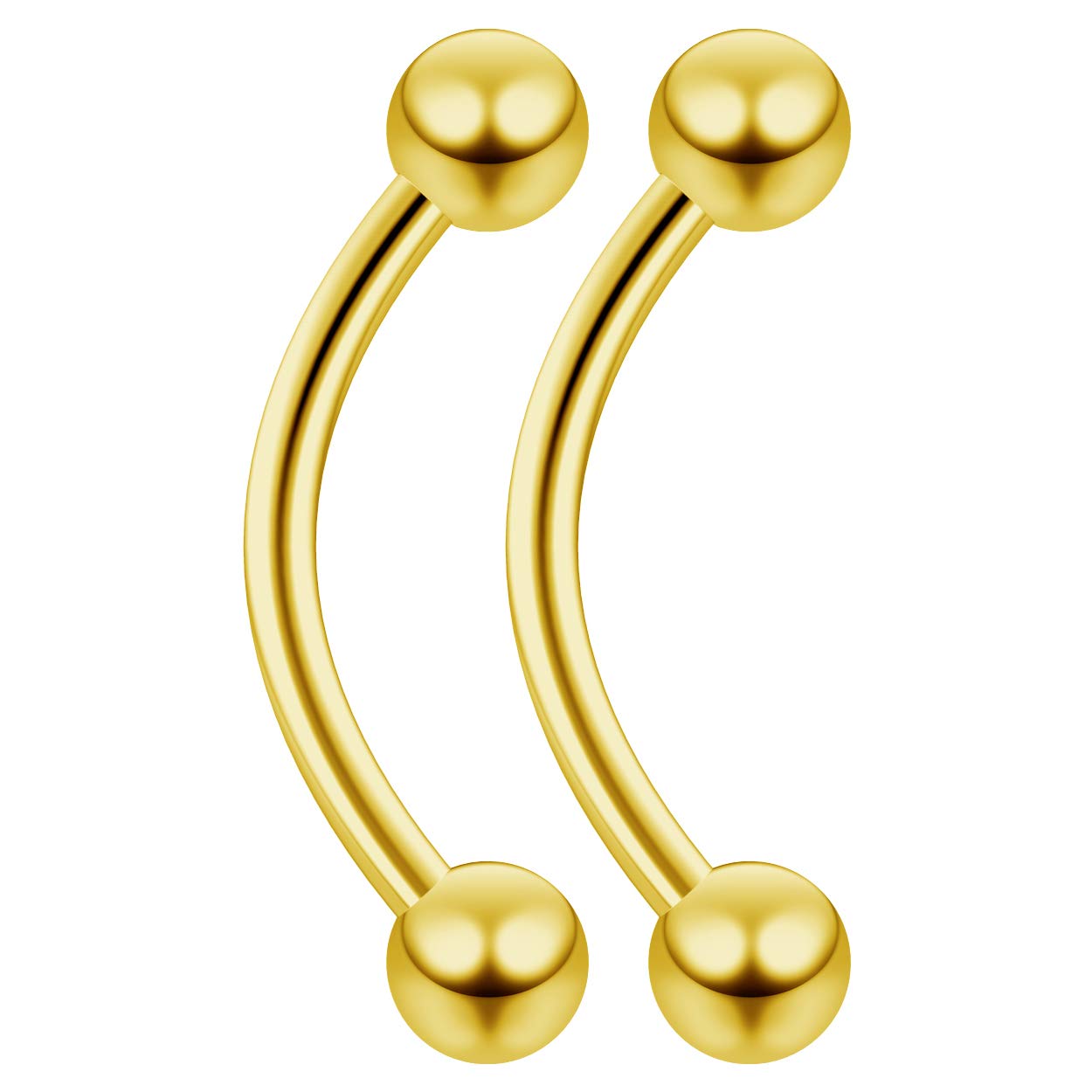 Evonix 2pc 16g Gold Anodized Surgical Steel Curved Barbell 3mm Ball Eyebrow Belly Bar Lip Tragus Ring Piercing Jewelry - 10mm