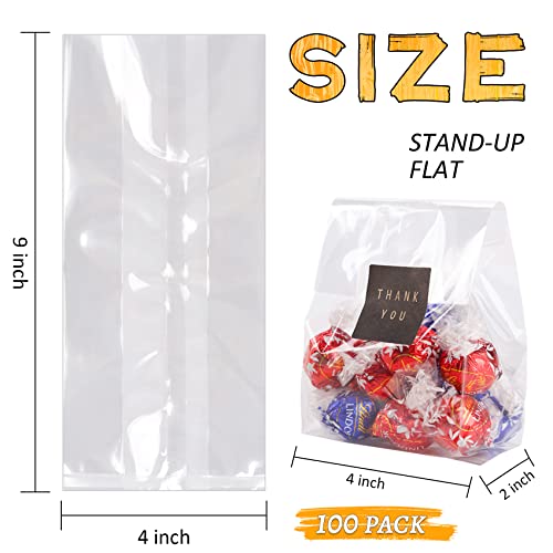 LOKQING Cellophane Treat Bags Cookie bags for Packaging Clear Gift Bags with Stickers for Cookies,Candy,Chocolates(Clear,9x4 INCH)