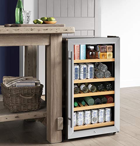 GE Wine Cooler & Beverage Refrigerator | Mini Fridge With Lock & Key Included | Complete With Oak Shelving, Glass Exterior & Warm Interior Lighting | Fits 109 Cans or 31 Wine Bottles | Stainless Steel