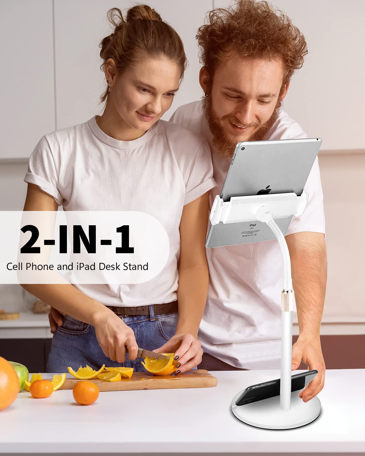 iFongsh Tablet Stand for Desk, 2-in-1 Ipad Holder Stand & Phone Stand,360 Degree Rotating Gooseneck and Height Adjustable Desktop Holder Dock Compatible with(4.7"-13") iPhone,iPad Pro,Air,Mini