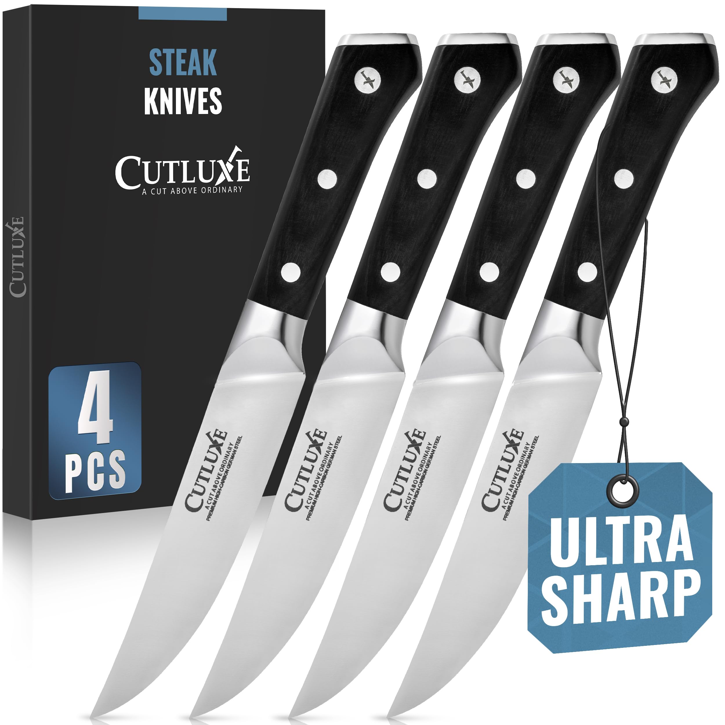 Cutluxe Steak Knives Set of 4, Straight Edge Steak Knife Set â Forged High Carbon German Steel, Full Tang, Ergonomic Handle Design â Artisan Series