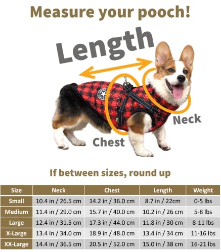 Macho Man Cold Weather Winter Dog Puppy Coat Harness Waterproof Windproof Warm Fleece Small Medium Large Dogs Holiday Pet Gift (Red Plaid, Large)