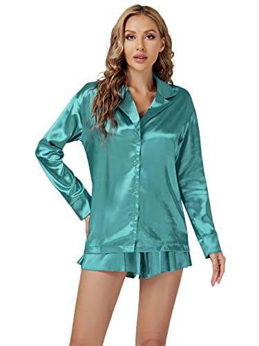 LYANER Women’s 3 Pieces Satin Cami Shorts Pajamas Rope Set Crop Sleepwear Lingerie Loungewear Set Turquoise Medium