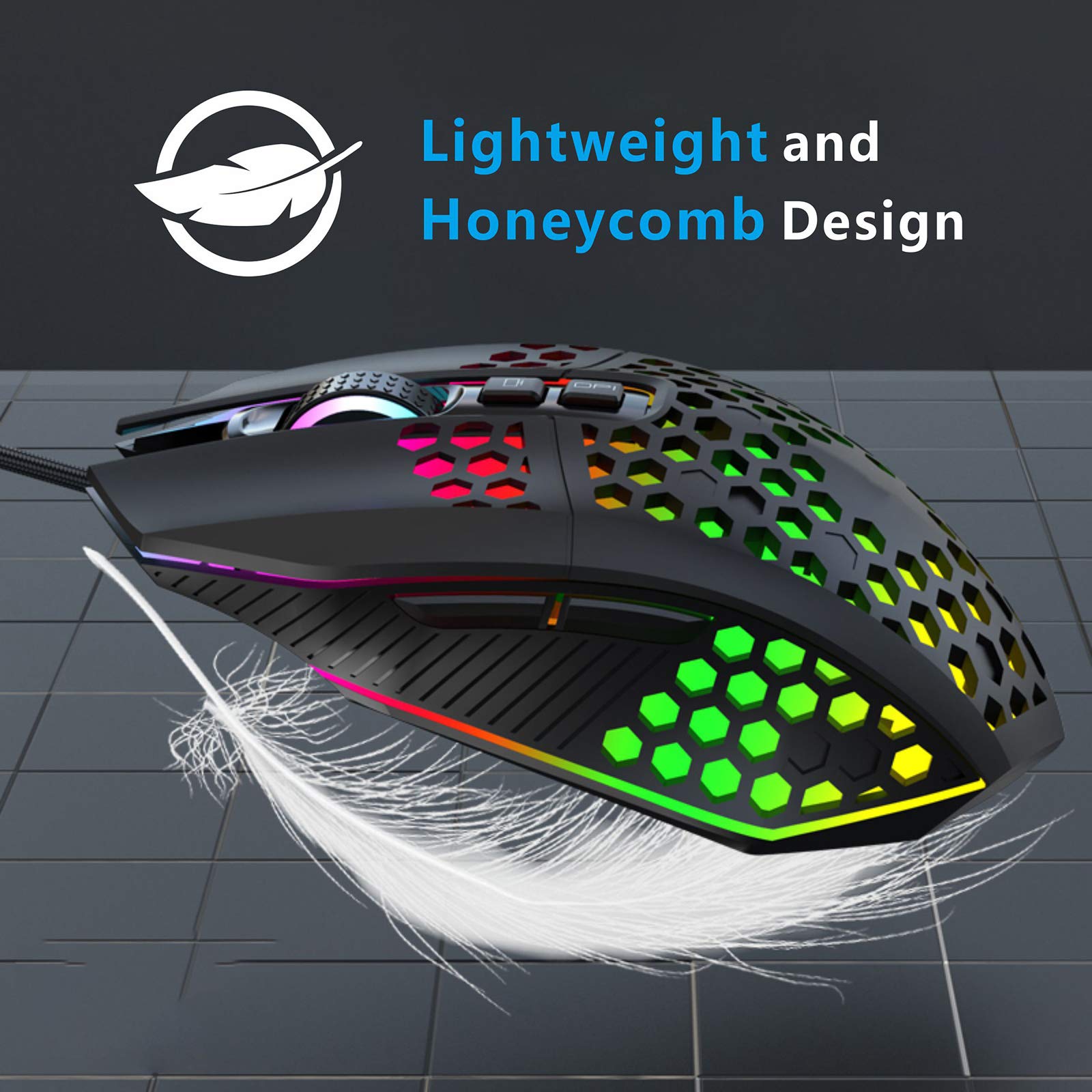Uiosmuph X801 Wired Gaming Mouse, Honeycomb Lightweight Gaming Mouse with RGB Backlit, 7 Programmable Buttons and One-Click Desktop, 8000 DPI Optical USB Gamer Mouse for Mac, Laptop, Computer - Black