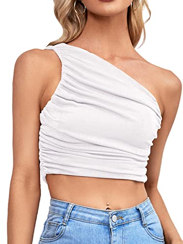 LYANER Women's Sexy Ruched One Shoulder Sleeveless Crop Top Strappy Cami Tank White Medium