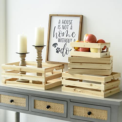 MACVAD Set of 4 Large Wooden Crates Unfinished Office Storage Crates, Decorative Wood Storage Crates for Display, Rustic Pine Wood Organizer Bin Basket for Kitchen Pantry Bathroom