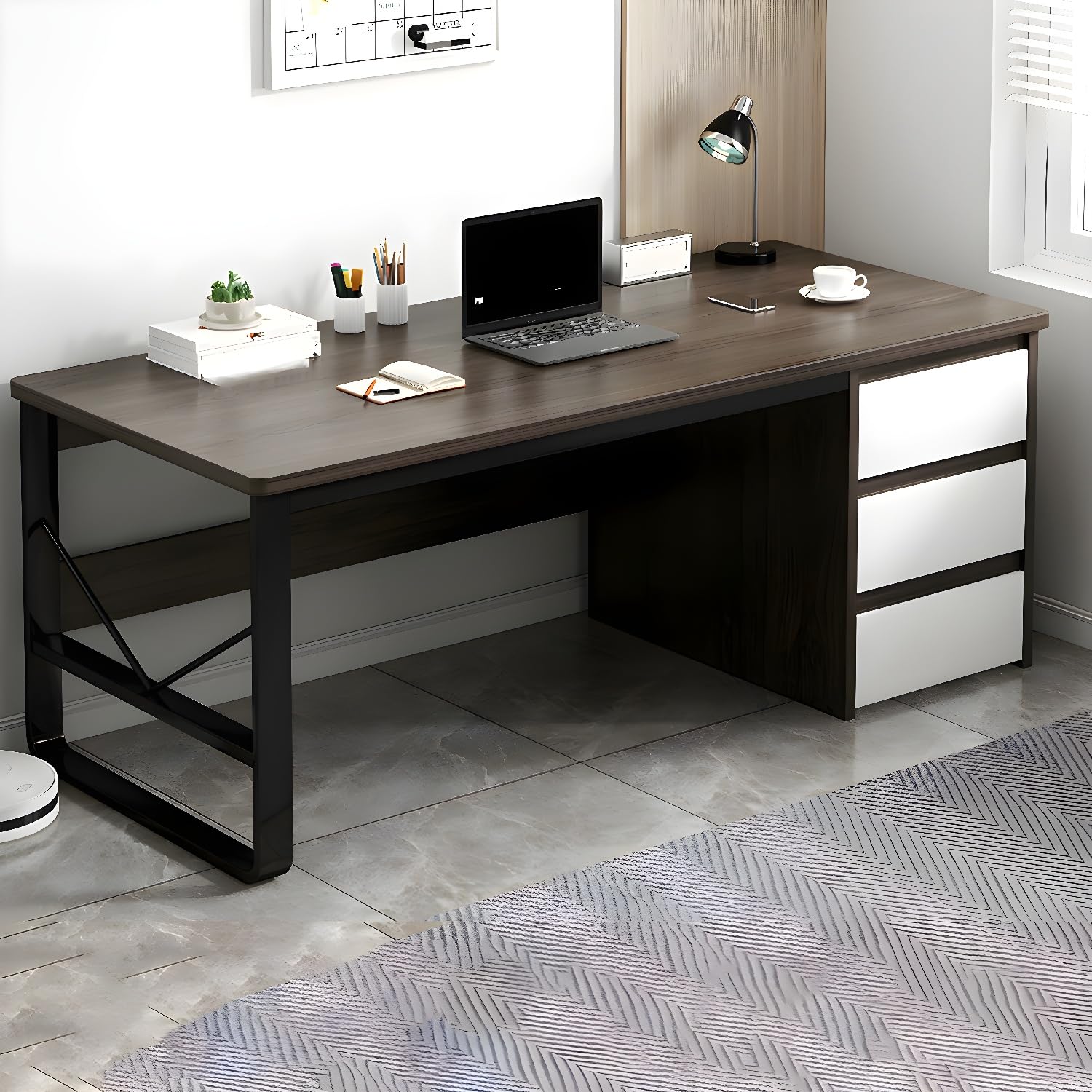 LITFAD Modern Wood Writing Desk with 3 Drawers and Standard Height Rectangular Office Desk Computer Desk - Perfect for Office or Home Use - Without Chairs Walnut 55" L x 19" W x 30" H