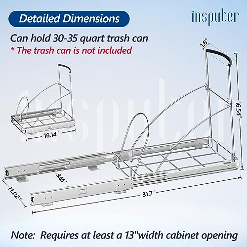 Insputer Pull Out Trash Can Under Cabinet, Under Sink Trash Can Pull Out with Silicone Handle, 35qt Under Cabinet Trash Can Pull Out Kit for Kitchen Sink, Pantry, Garbage Can Not Included